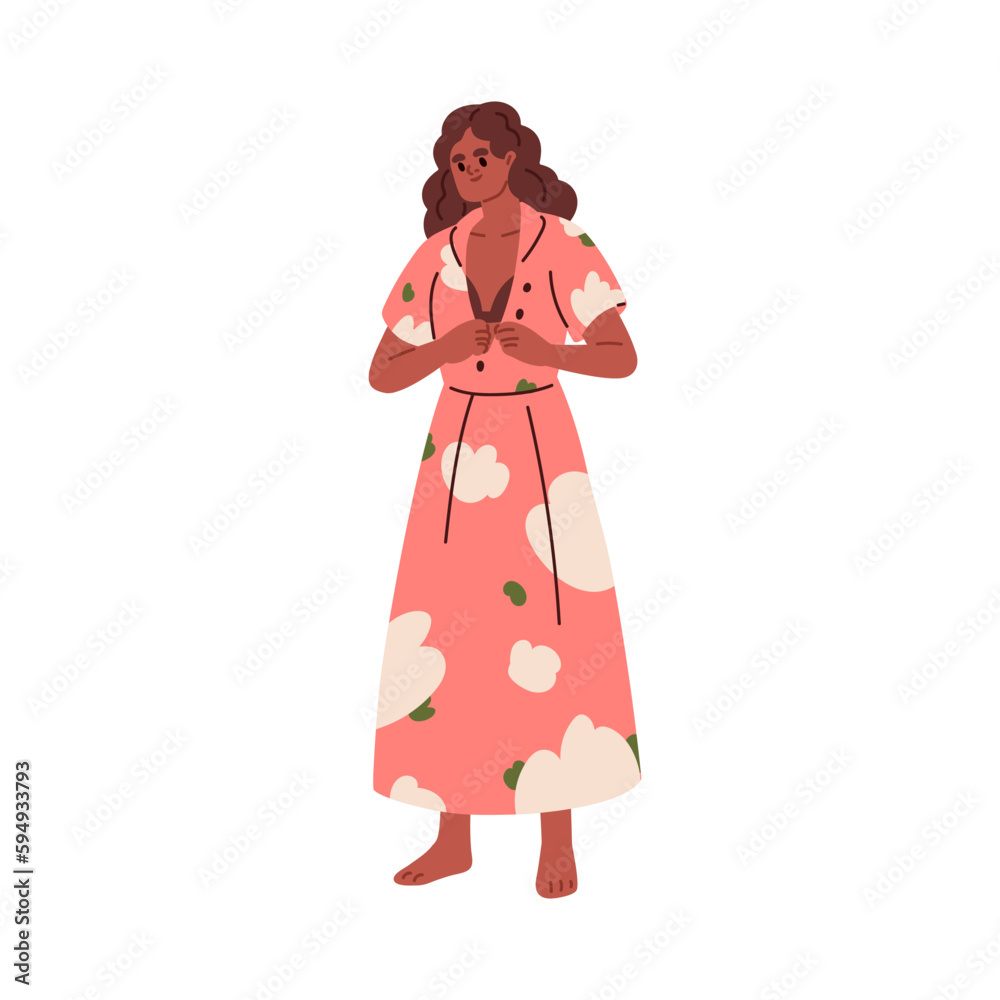 Woman unbuttons dress, taking off clothes. Young girl putting off ...