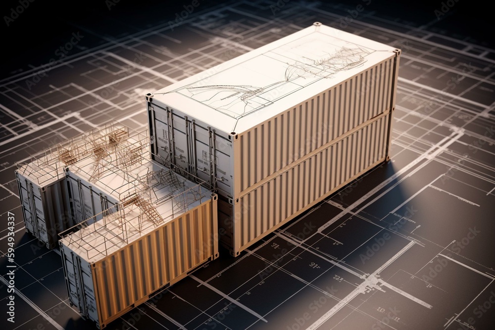 Construction site office, cargo container model on building blueprint ...