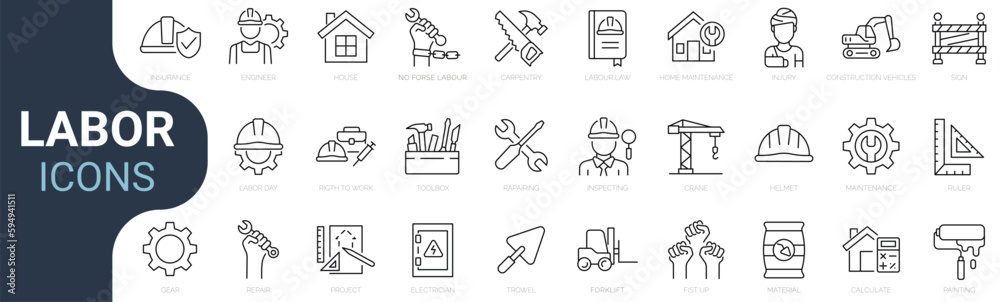 Set of line icons related to labor, construction, labour day ...
