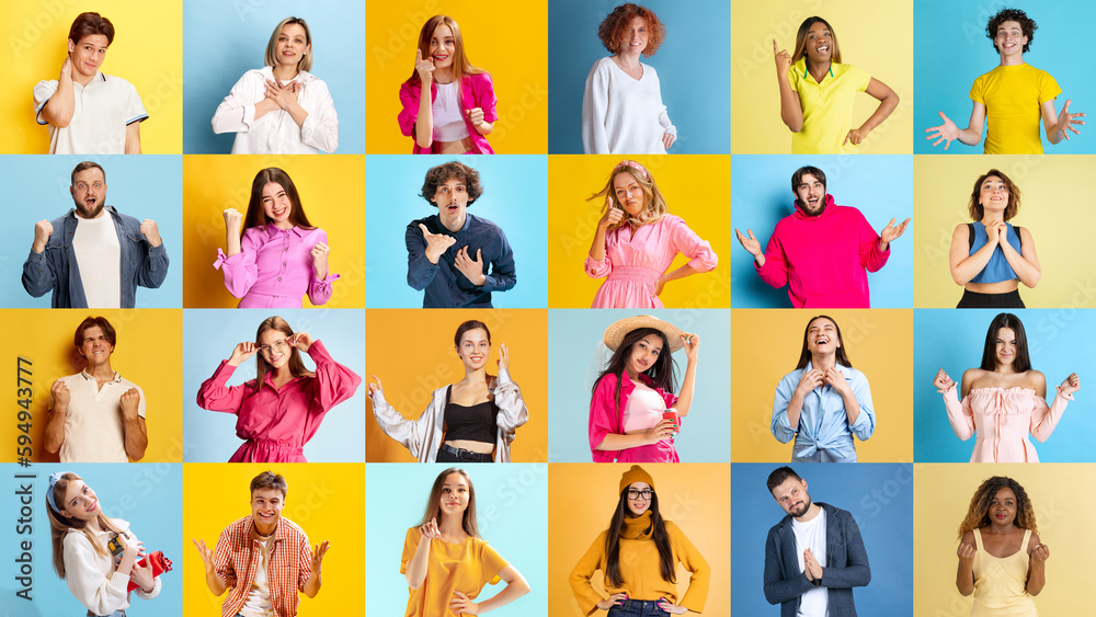 Collage with young ethnically diverse people, men and women expressing ...