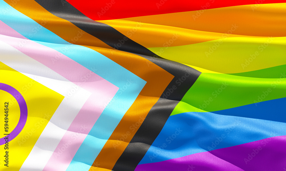 Progress Pride with intersex inclusion rainbow flag closeup view ...