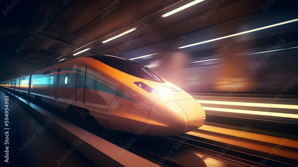 High tech Bullet train moving at a very high speed inside a tunnel ...