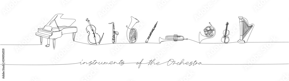 Instruments of the Orchestra set one line art. Continuous line drawing ...