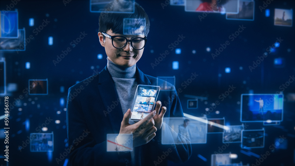 Virtual Reality Internet Interface: Asian Businessman Uses Smartphone ...