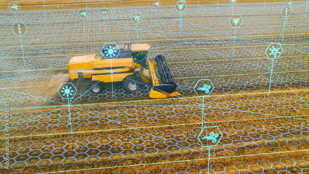 Aerial Shot: Harvester Working on Field. Visualization of the Crops ...