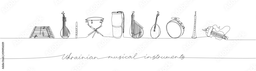 Ukrainian musical instruments set one line art. Continuous line drawing ...