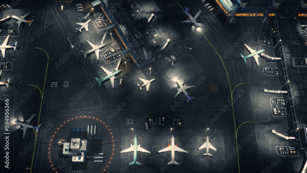 Aerial View of a 3D Commercial Airport Render with Airplanes, Passenger ...