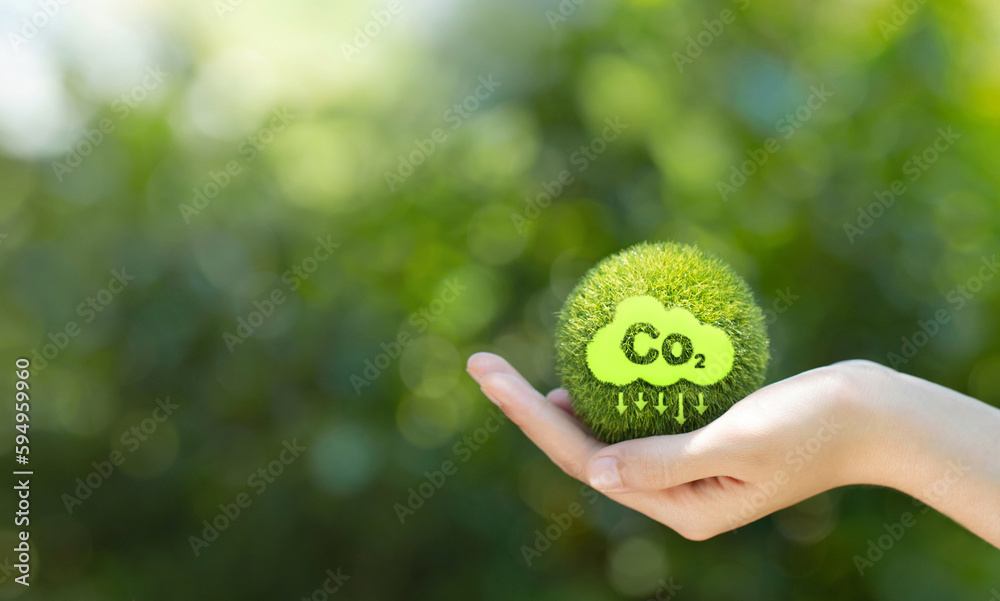 Reduce CO2 emission concept. Hand holding the green ball with CO2 ...