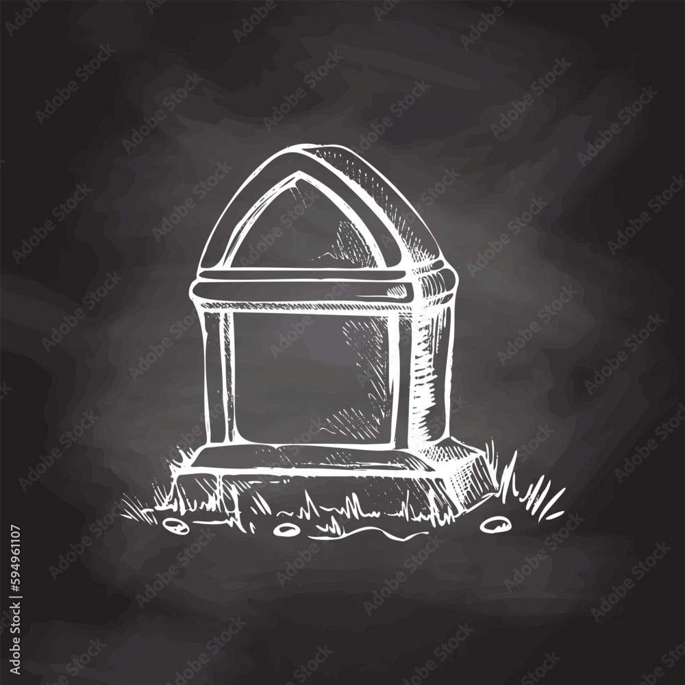 Old hand drawn murble stone tombstone isolated on chalkboard background ...