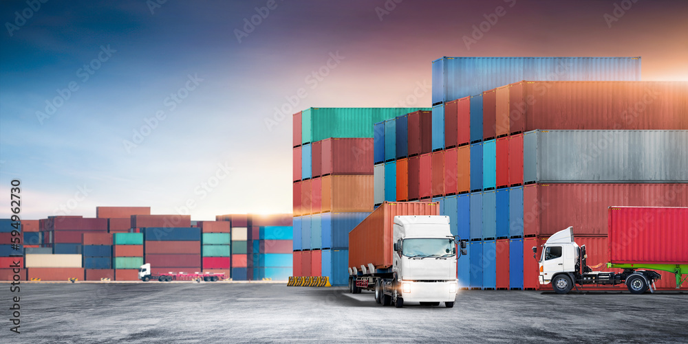 Transport of container truck at shipping depot dock yard background ...