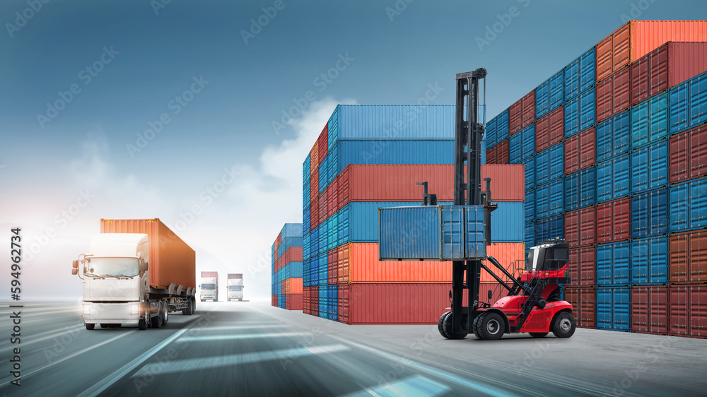 Transport of Container Truck on highway and Container Handler forklift ...