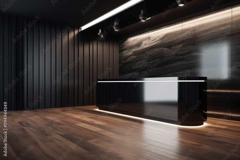 Perspective view on empty stylish dark and metallic reception desk in ...