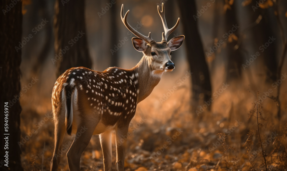 Chital (Spotted Deer) captured in a forest clearing bathed in warm ...