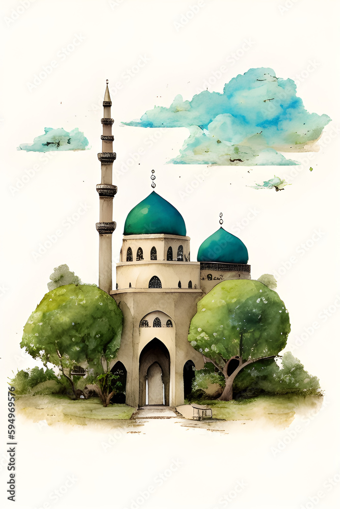 Aesthetic Watercolor painting of a Mosque illustration with Leaves ...