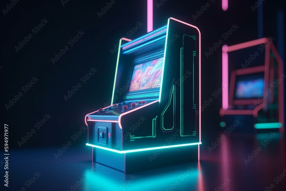 Close up to the empty screen of an arcade machine. A 3D illustration ...