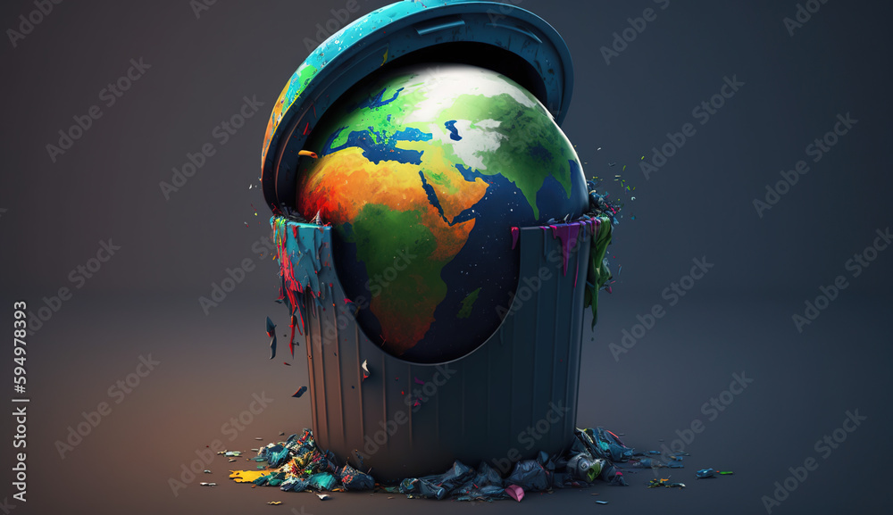 planet earth in a trashcan, global clean up, trash laying around ...
