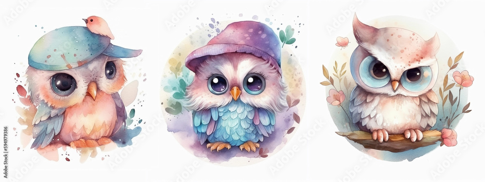 watercolor clipart adorable cute baby owl, different pastel colors, a ...