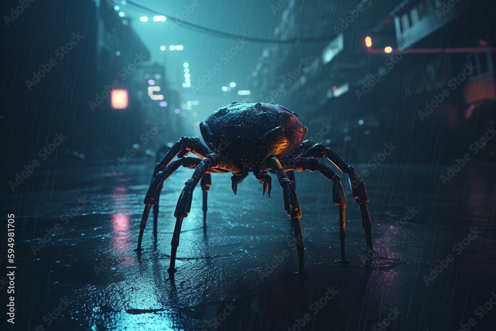 Stock Illustrationen Digital Illustration Of Cyberpunk Scary Monster Spider Standing In The