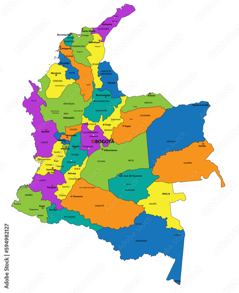 Colorful Colombia political map with clearly labeled, separated layers ...