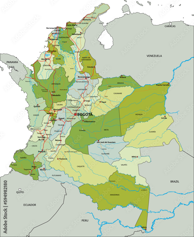 Highly detailed editable political map with separated layers. Colombia ...