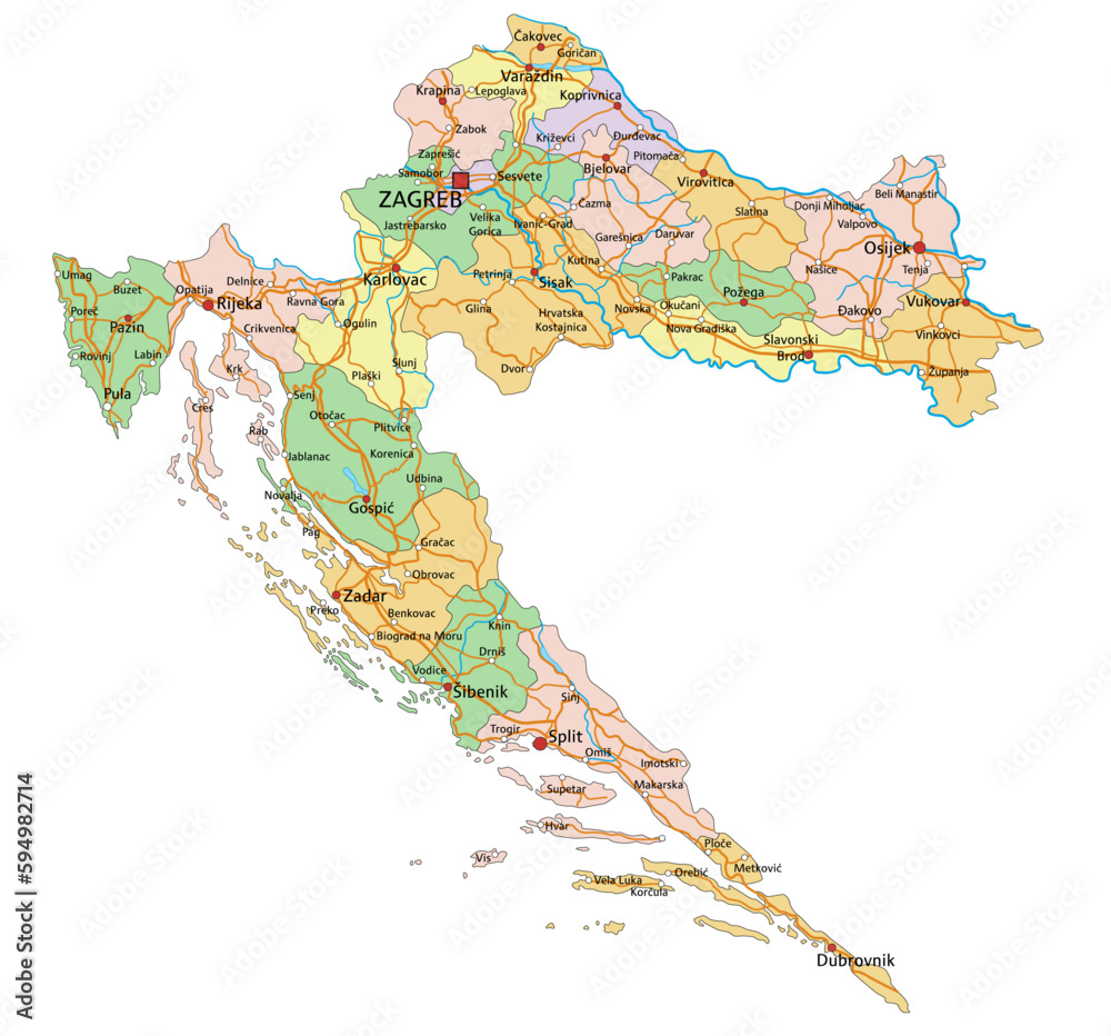 Photo & Art Print Croatia - Highly detailed editable political map with ...