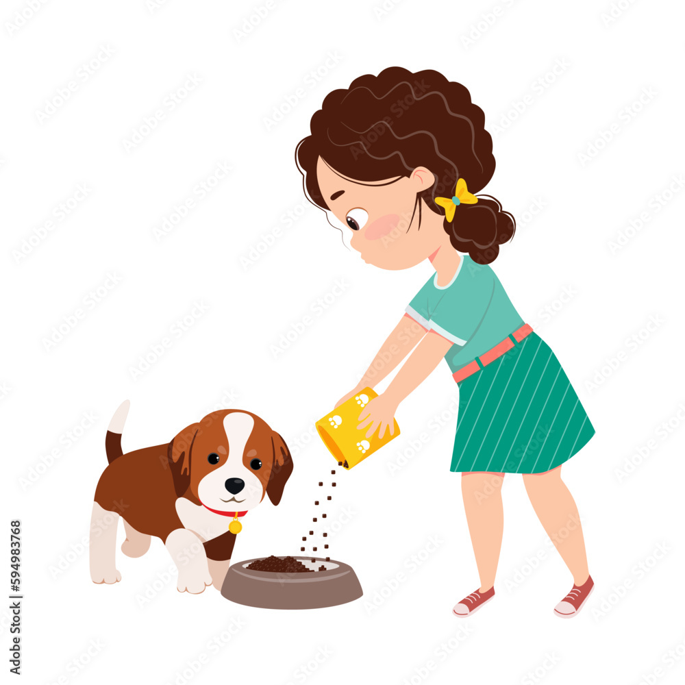 Vector illustration cartoon of a little girl feeding her dog. Kids ...