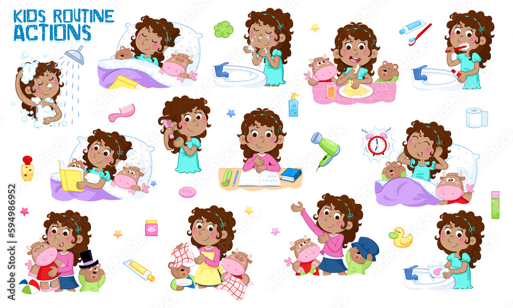 Learning concept - Daily routine of a little black girl with curly dark ...