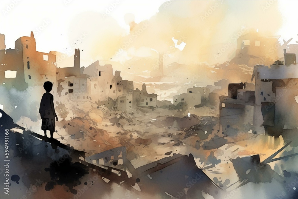 Digital watercolour illustration featuring malnourished silhouette of ...