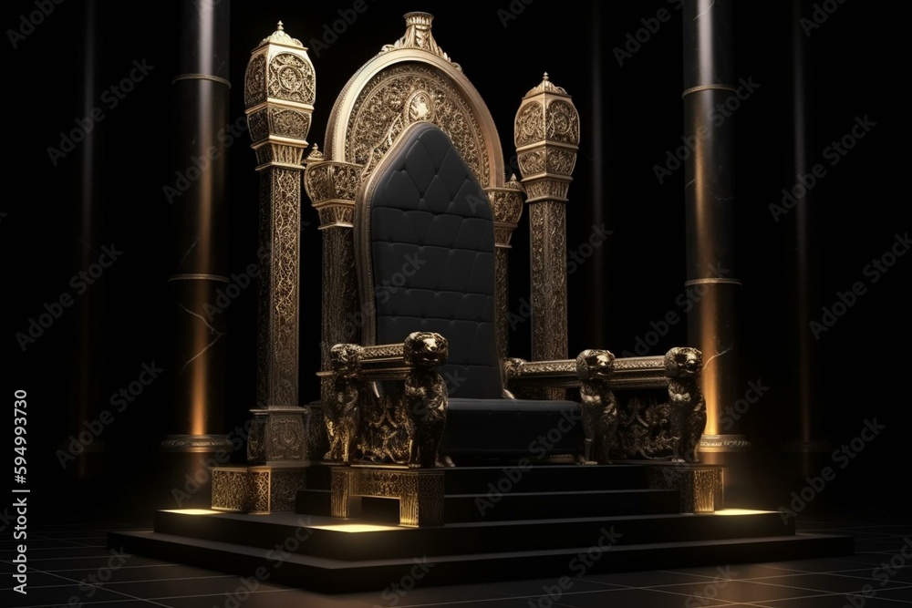 3D render of king throne on black background with colmuns pillars, vip ...