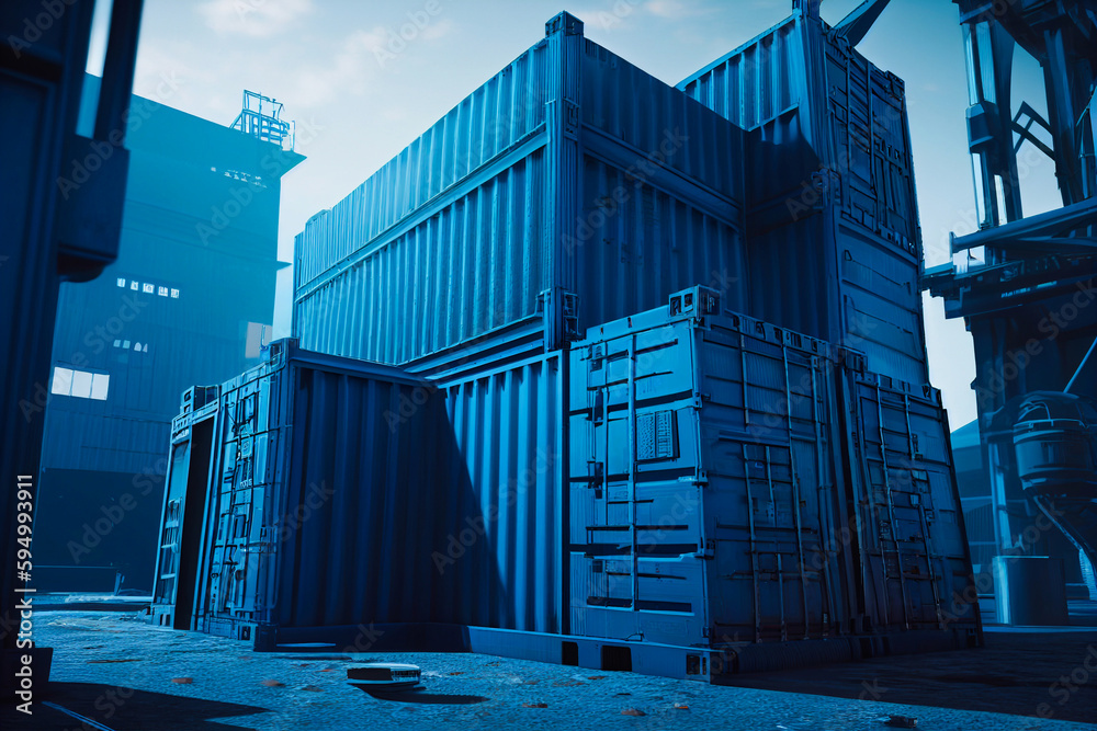 Shipping containers stack illustration, flat cartoon blue large cargo ...