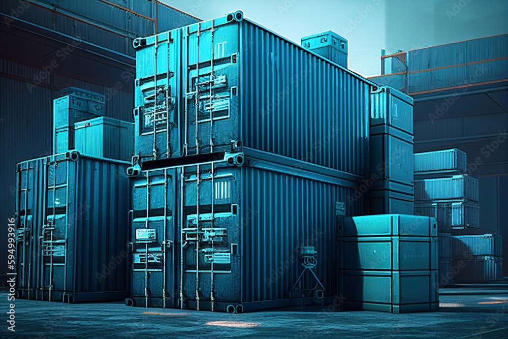 Shipping containers stack illustration, flat cartoon blue large cargo ...