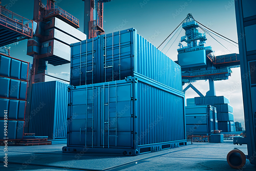 Shipping containers stack illustration, flat cartoon blue large cargo ...