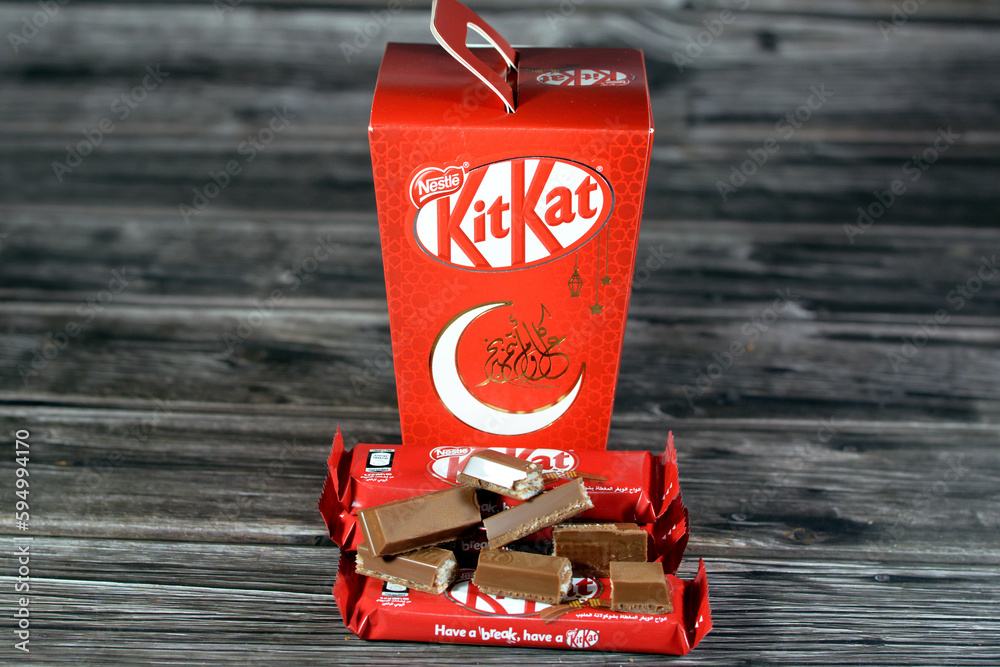 Cairo, Egypt, April 9 2023: KitKat chocolate covered wafer bar ...