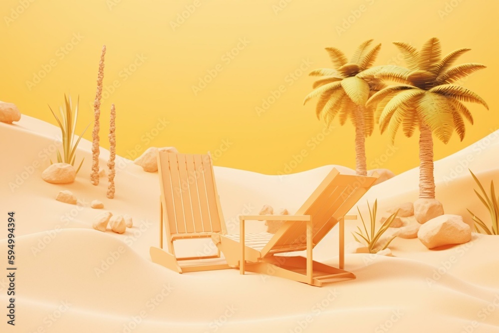 Sandy beach with sunbed. Minimal concept of summer and vacation in the ...