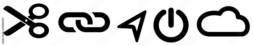 Scissors, chain, cursor icon, on-off button, cloud icon. Black and White line art style ...