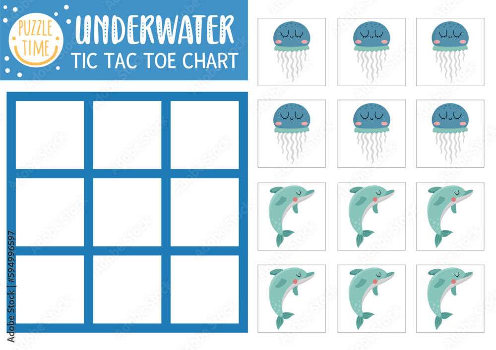 Vector under the sea tic tac toe chart with dolphin and jellyfish ...