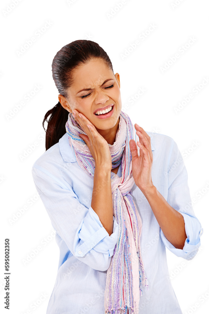 Dental, toothache or pain with a woman for oral hygiene isolated on a ...