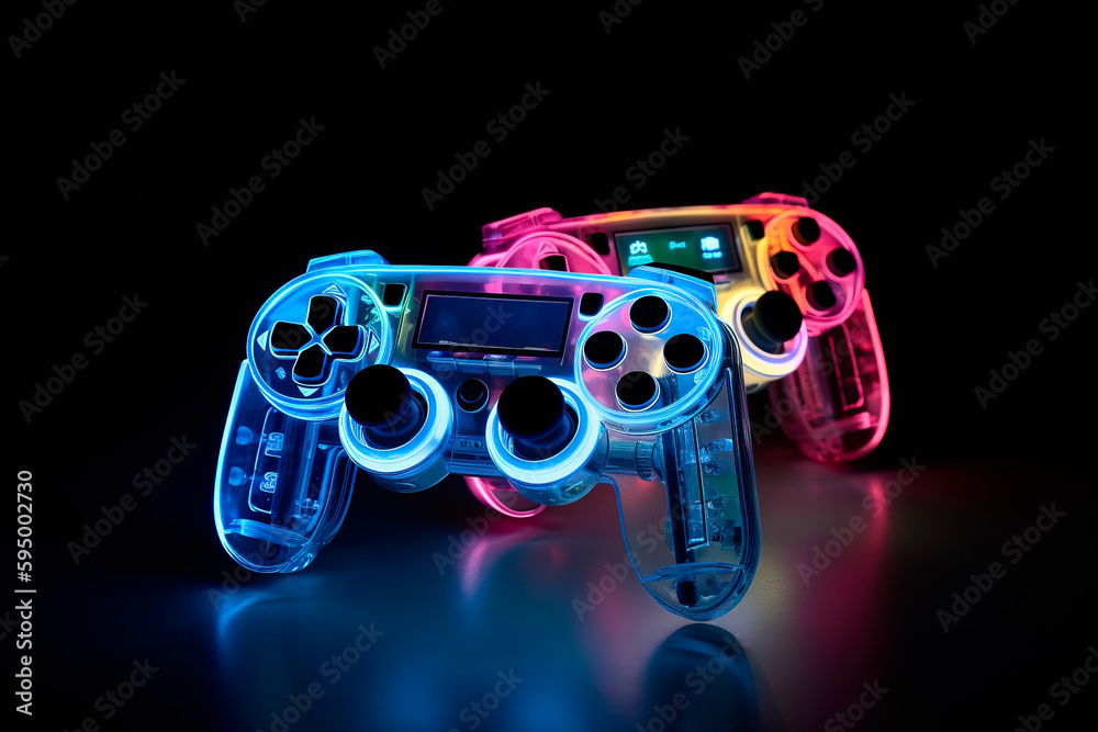 Generative AI illustration set of modern gamepads with colorful neon ...