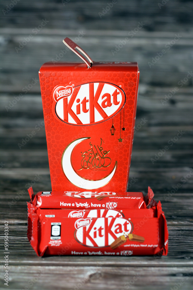 Cairo, Egypt, April 9 2023: KitKat chocolate covered wafer bar ...