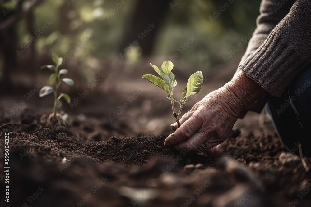 Generative AI illustration of unrecognizable person planting green ...