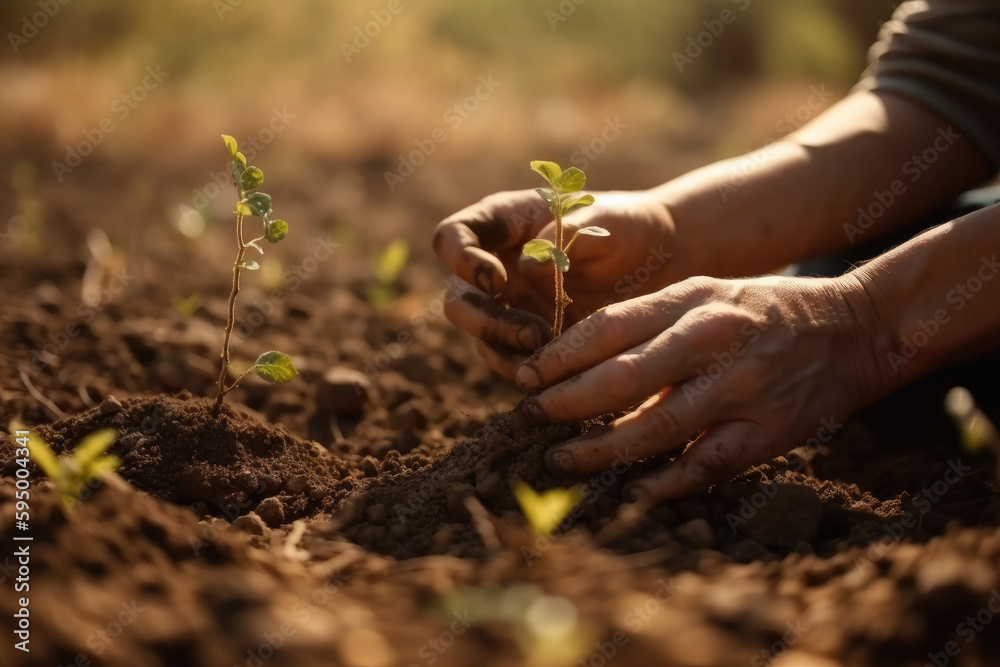 Generative AI illustration of unrecognizable person planting green ...