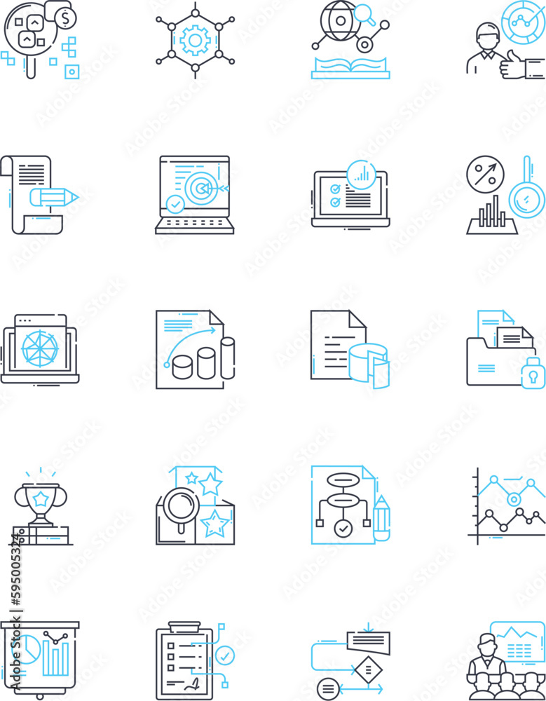 Vetor de Market research linear icons set. Analysis, Demographics, Data, Insights, Strategy ...