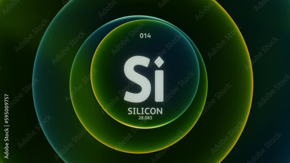 Silicon as Element 14 of the Periodic Table. Concept animation on abstract green blue gradient ...