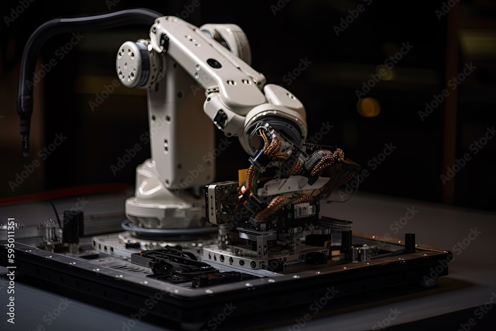 robot arm manipulates tool to repair or modify mechanical device ...