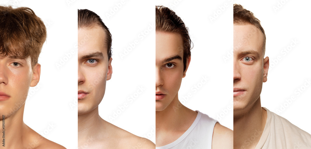 Half-face portrait of four different man of diverse age posing over ...