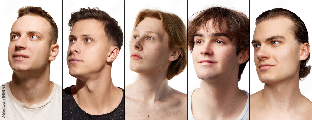 Collage. Portrait of five different man of diverse age posing over ...