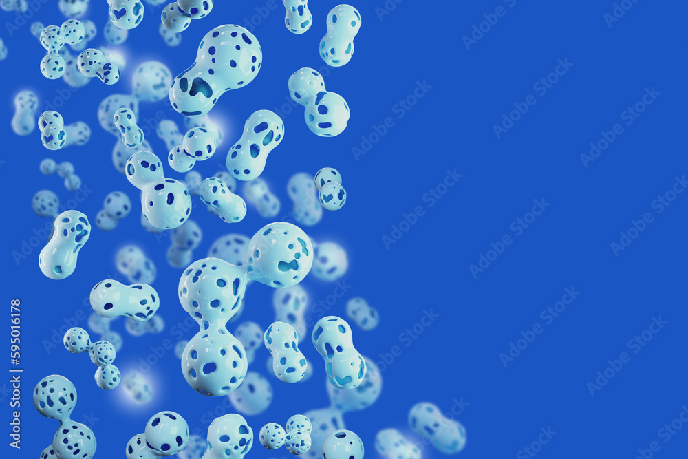 Bacteria under microscope. Molecules on blue. Scientific scenery ...