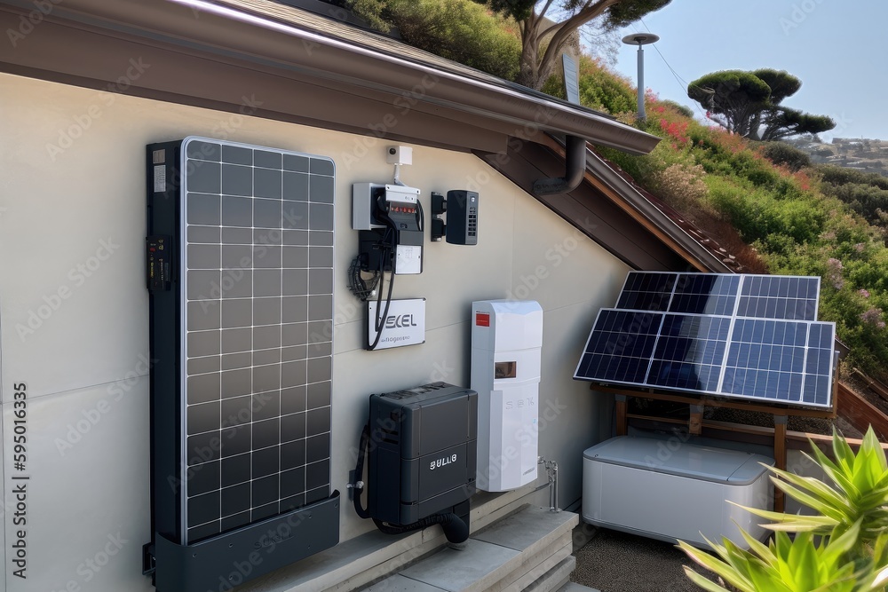 solar panel system with built-in battery storage and inverter in a ...