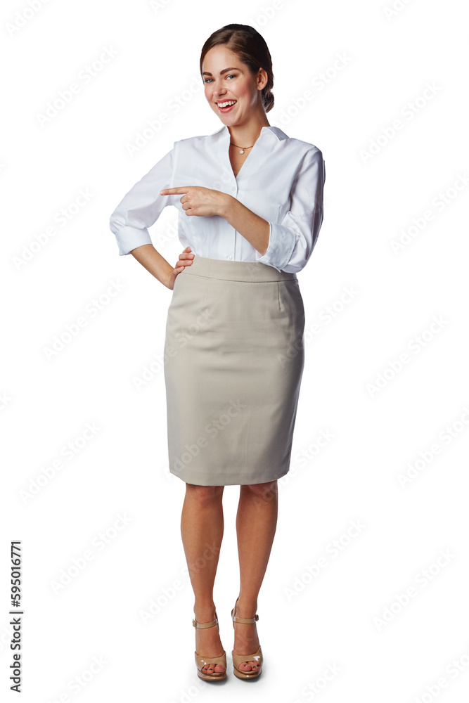 Business woman is pointing, advertising with portrait and happy isolated on transparent, png ...