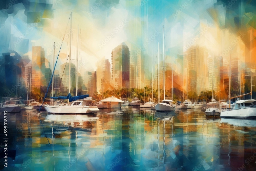 Ilustrace „Bright impressionistic abstract of yachts in waterfront ...